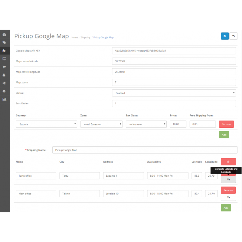 Opencart - Pickup Google Map Shipping Method
